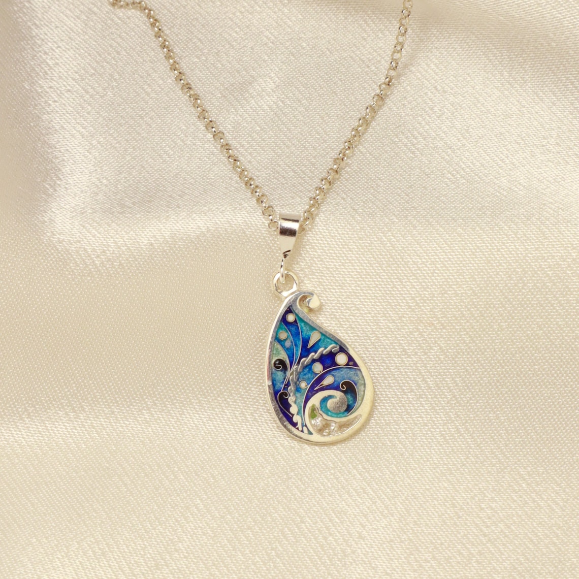 Blue Cloisonne Necklace, Sterling Silver Pendant, Jewelry Handmade ...