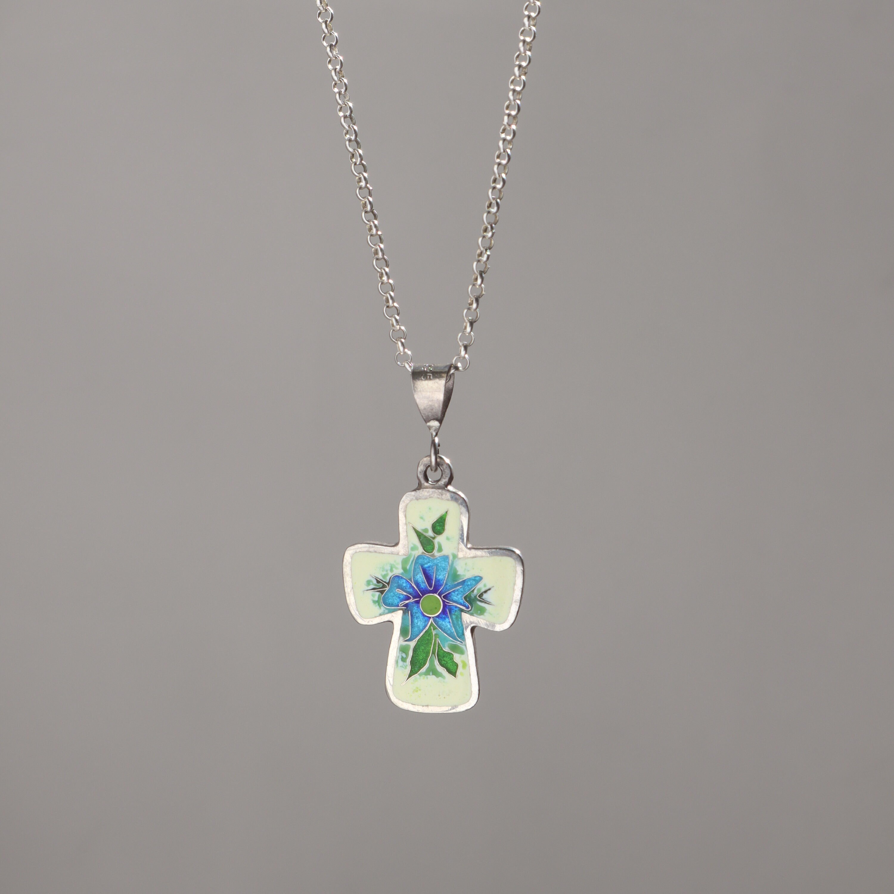 Blue Floral Cross Cloisonne Cross Necklace Silver Cross - Etsy