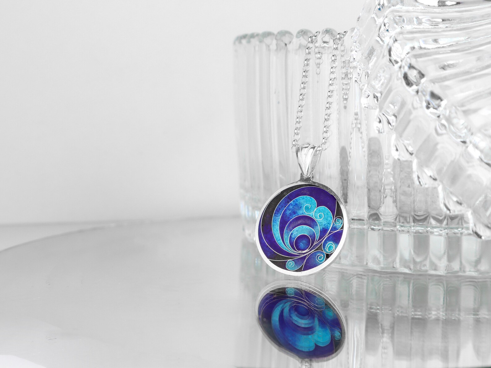 Contemporary Blue Enamel Necklace, Modern Cloisonne Enamel Pendant ...