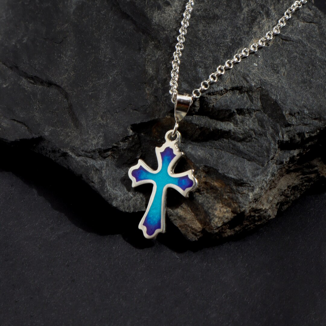Blue Enamel Cross Pendant, Silver Cross Pendant, Orthodox Cross ...