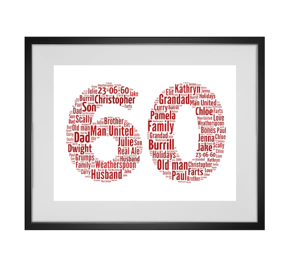 Personalised 60th Birthday Word Art Print Any Number Can Be | Etsy