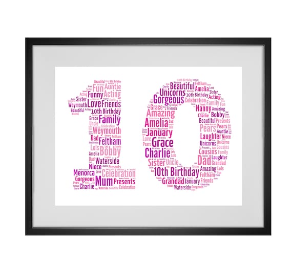 Personalised 10th Birthday Word Art Print Any Number Can Be | Etsy