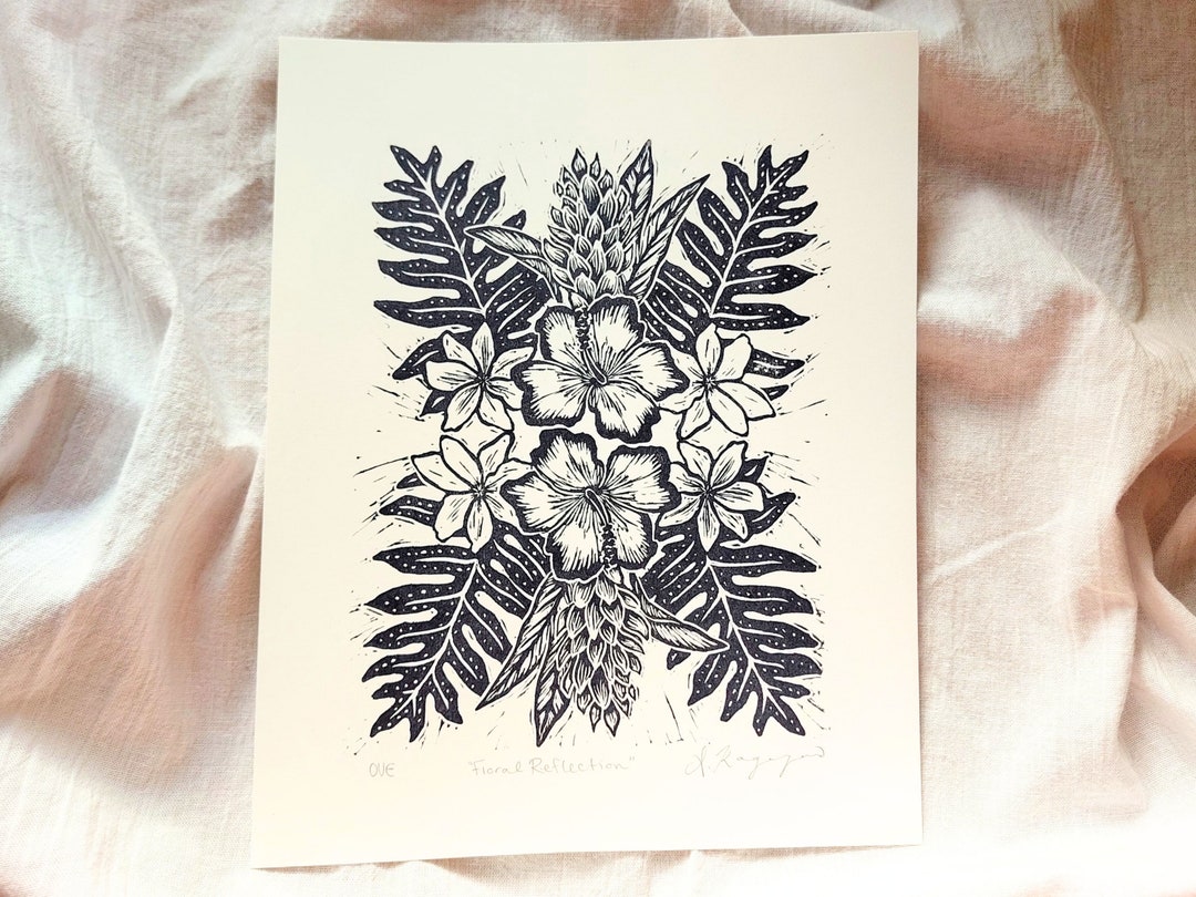 Tropical Flowers Linocut Art Print, Hawaii Art Made on Maui, Hibiscus ...