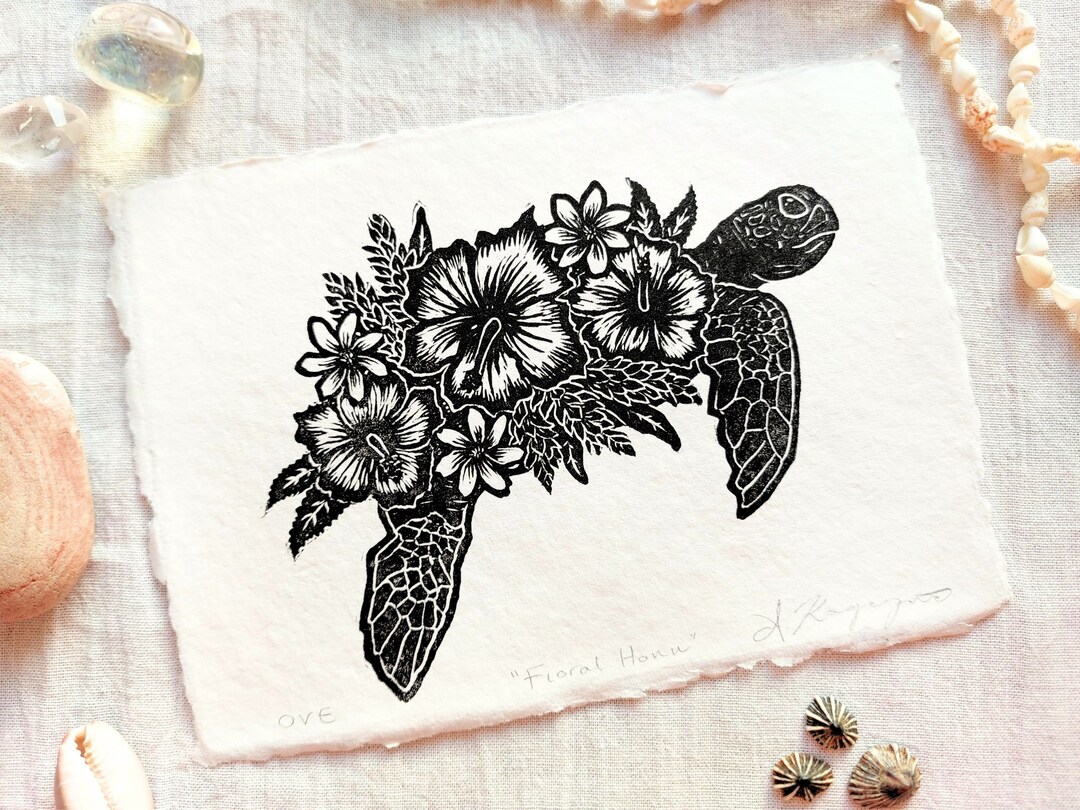 Floral Sea Turtle Linocut Art Print, Original Linoleum Cut Art, Hawaii ...