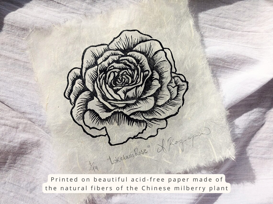 Lokelani Rose Linocut Print, Official Island Flower of Maui, Original ...