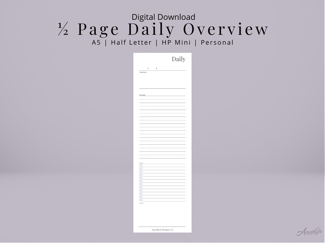 Half Page Daily Overview Printable Planner Insert Digital Download A5 ...