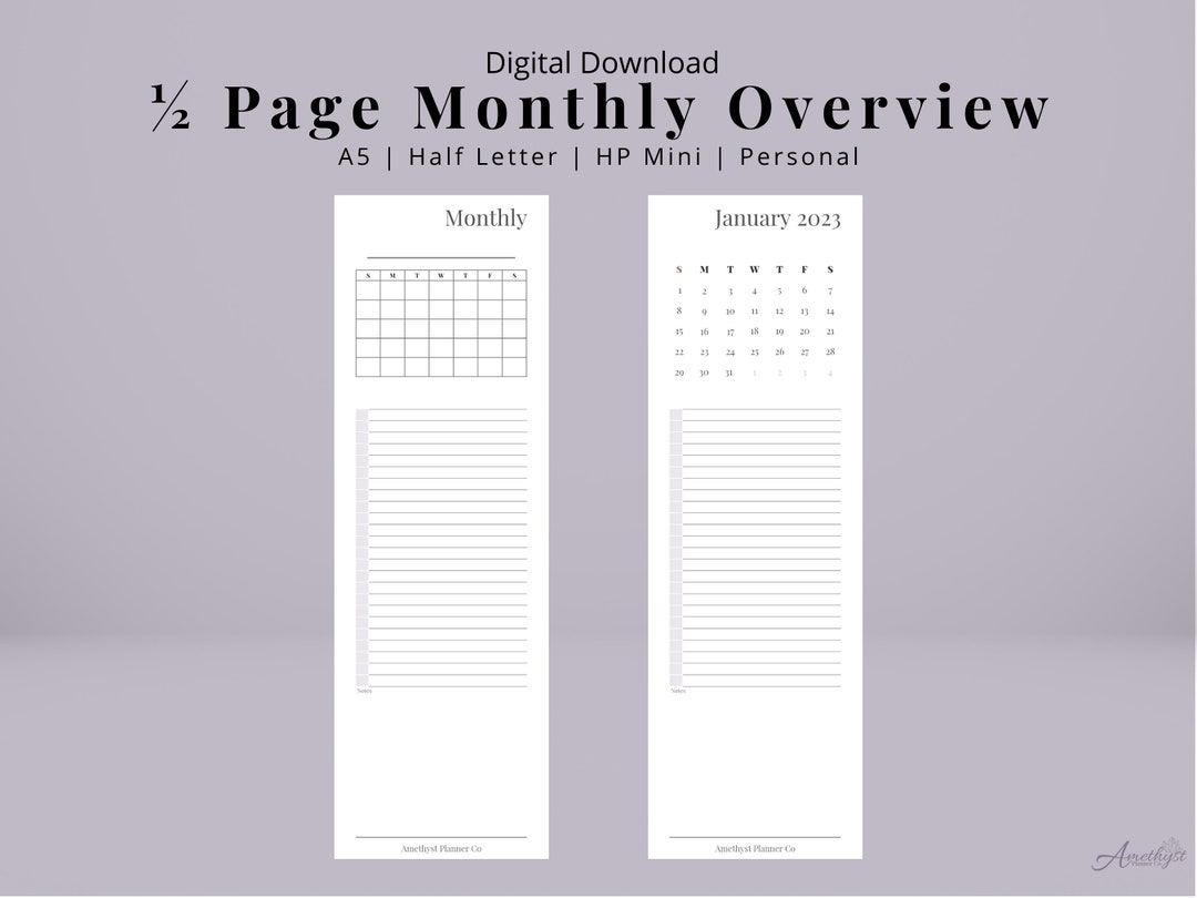 Half Page Monthly Overview Printable Planner Insert Digital Download A5 ...