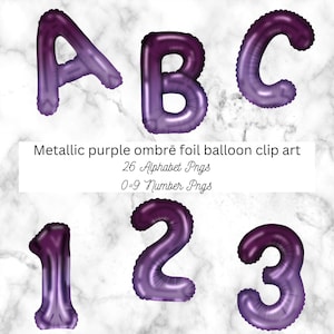 Purple Ombre Foil Balloon Alphabet & Numbers, Clipart Set With PNG ...
