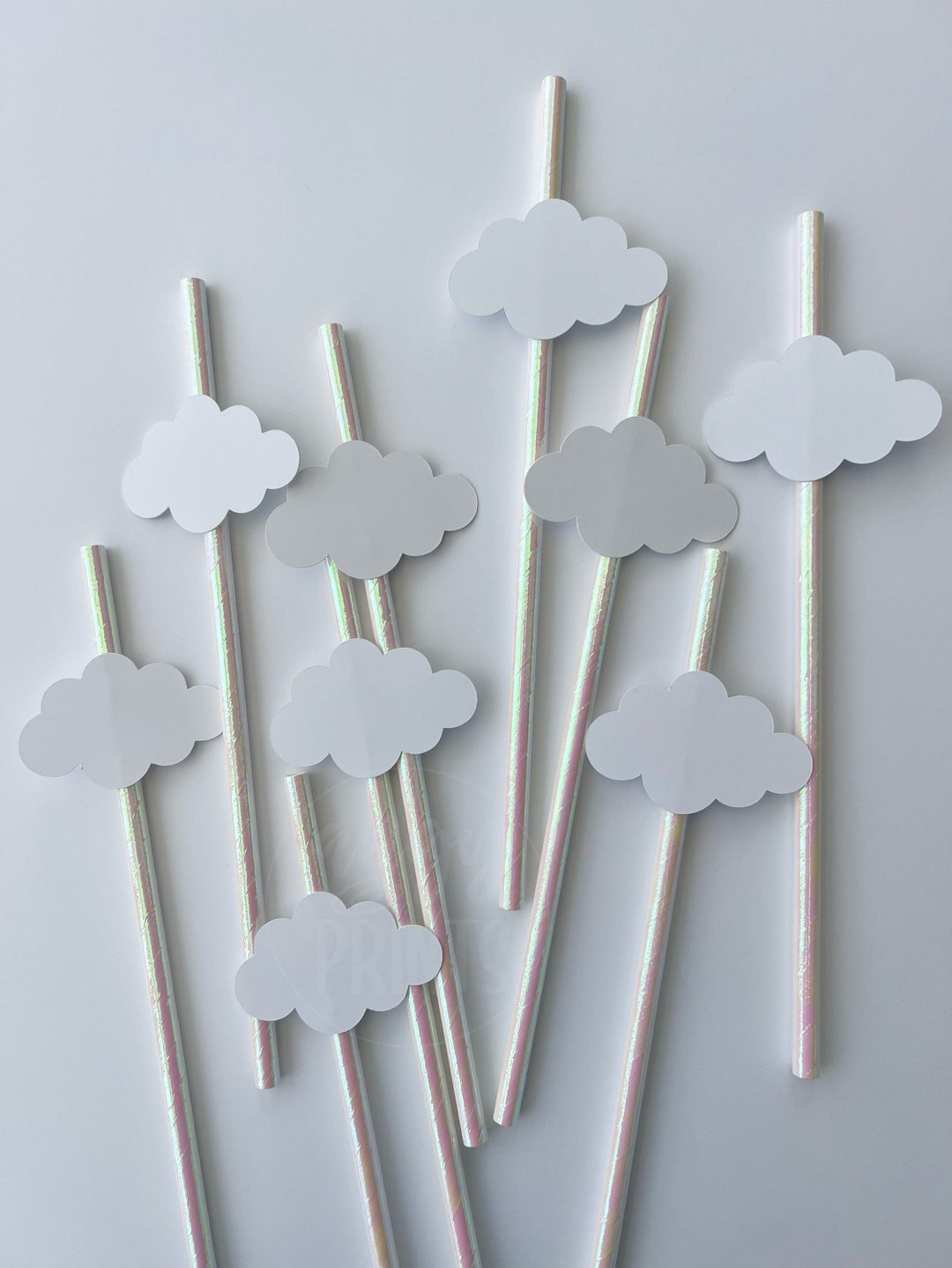 Cloud Nine Theme White Iridescent Drinking Paper Straws With Cloud Cut ...