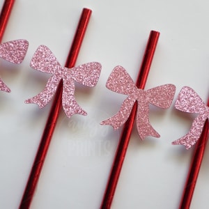 Pink Glitter Bow Shaped Paper Straws for Galentine’s Day Party ...