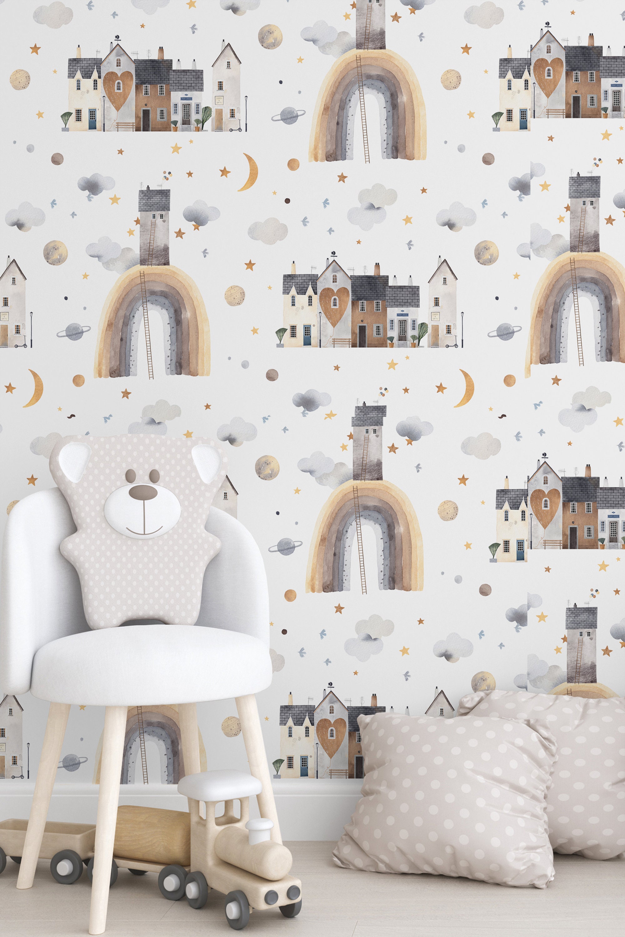 Cute Kids Wallpaper Removable Wall Mural Cute Houses Nursery - Etsy