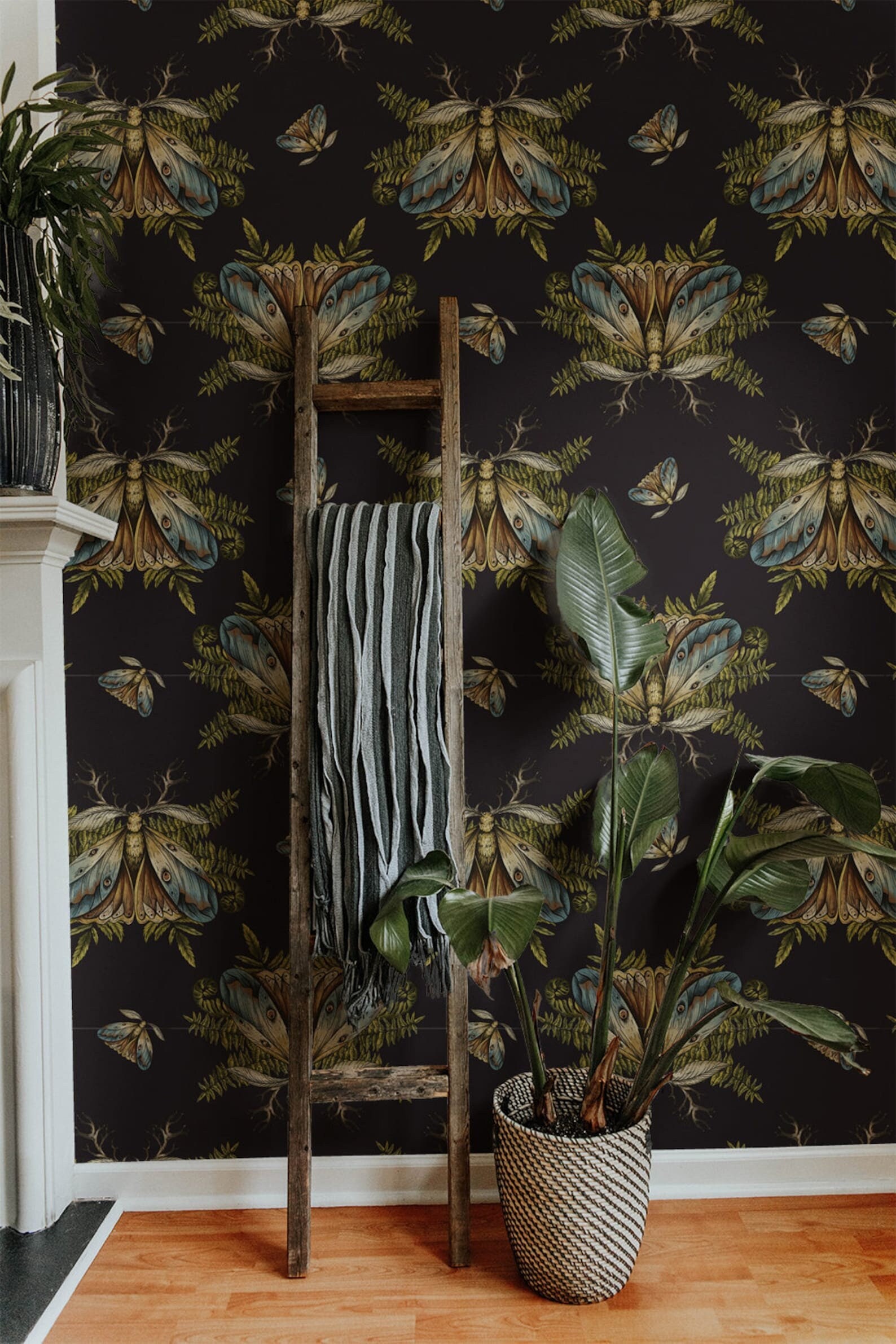 Wallpaper Moth and Fern Peel and Stick Wall Mural Dark - Etsy