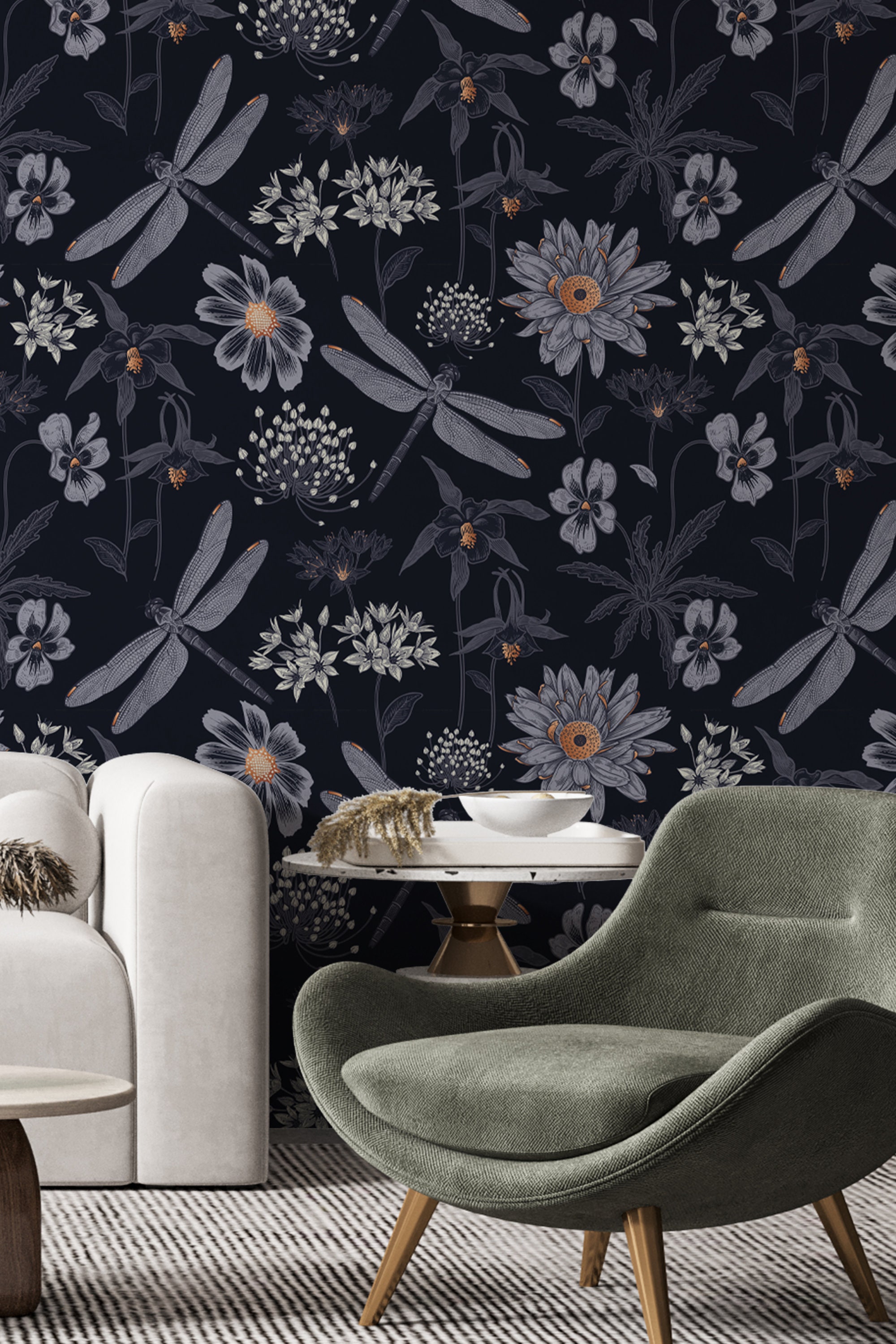 Navy Blue Botanical Wallpaper Peel and Stick Herbs Wall - Etsy