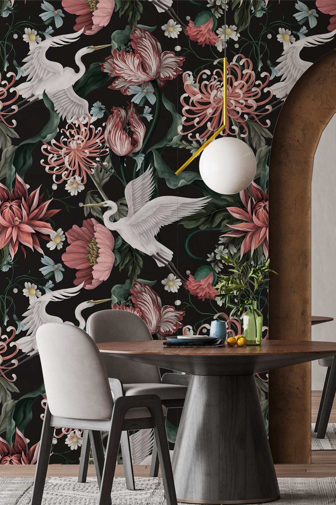 Chinoiserie Wallpaper, Bird Crane With Peonies, Peel and Stick Wall ...