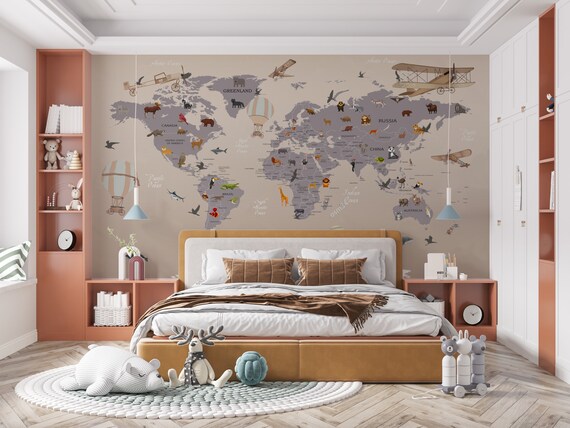 Kids World Map Wallpaper World Map Wall Mural Nursery Decor - Etsy
