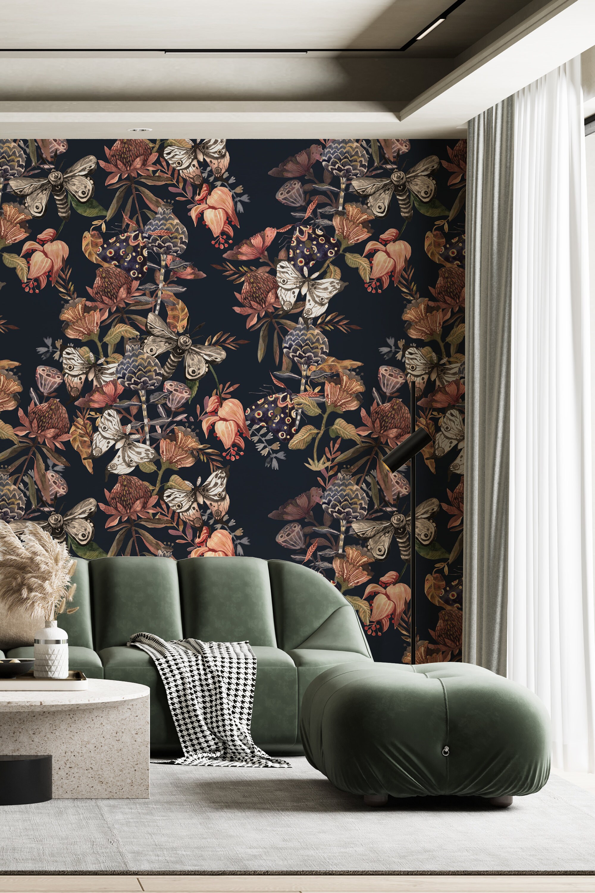 Dark Botanical Wallpaper Moth and Flowers Peel and Sick Mural - Etsy