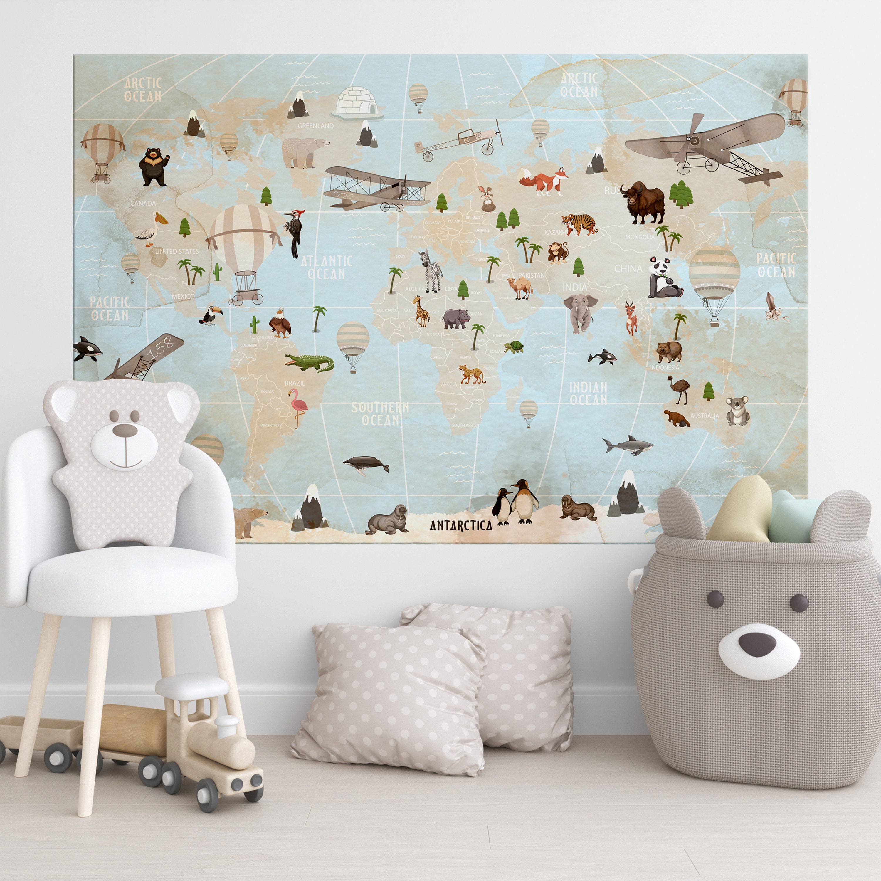 Nursery World Map Canvas Kids World Map Decor Kids Map Print - Etsy