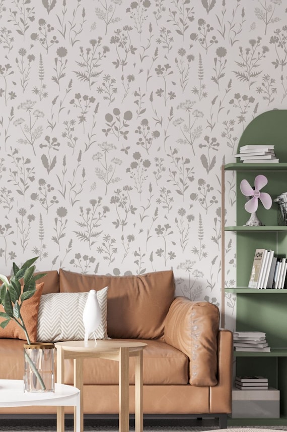 Neutral Floral Wallpaper Light Field Flowers Bohemian Wall - Etsy