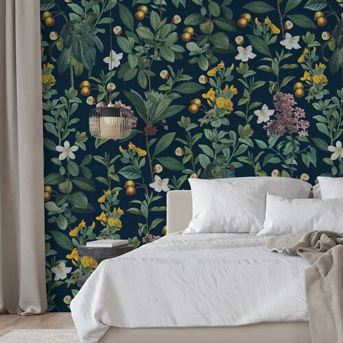 Dark Botanical Wallpaper Peel And Stick Vintage Flowers Etsy