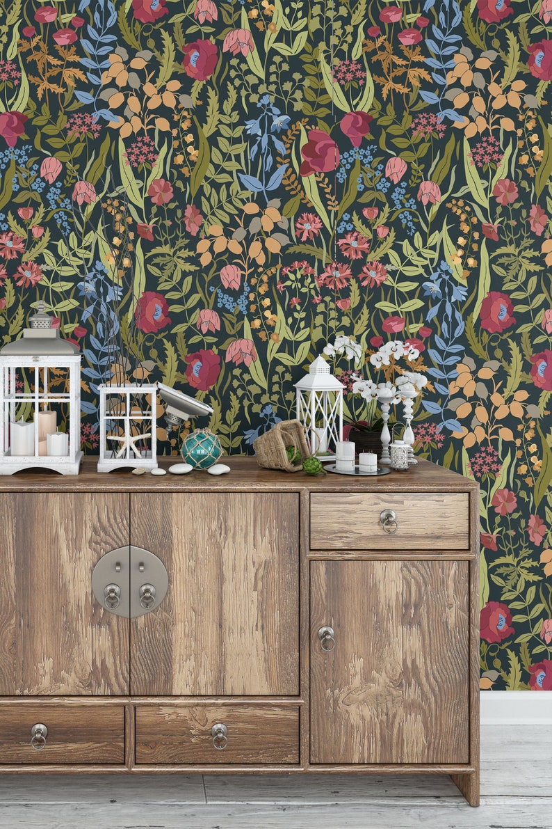 Peel And Stick Wallpaper Vintage Botanical Wallpaper Dark Floral