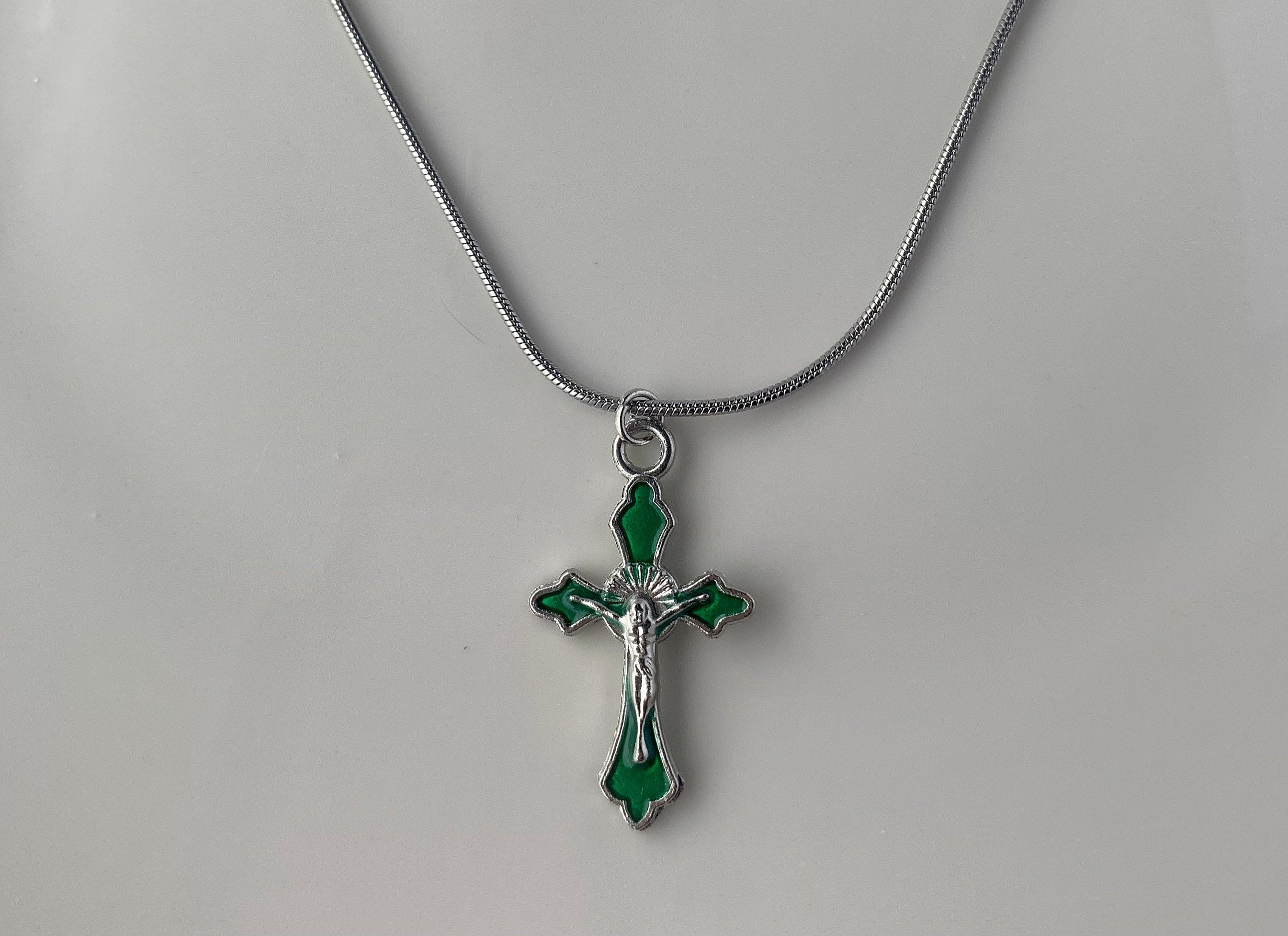 Green Crucifix Antique Silver Enamel Cross Religious Necklace - Etsy