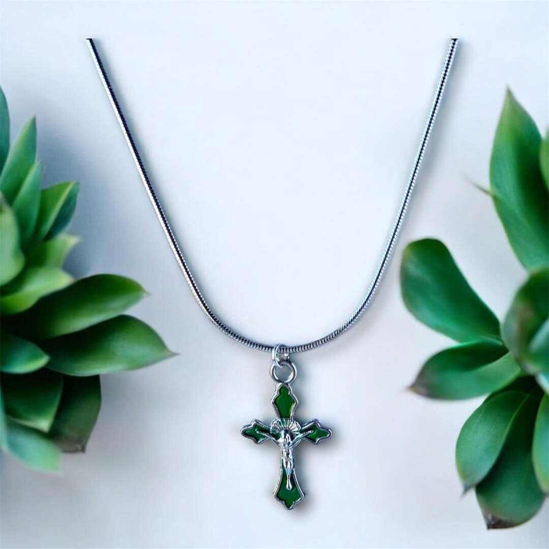 Green Crucifix Cross Necklace, Religious Gift, Jesus, Gifts for Her ...