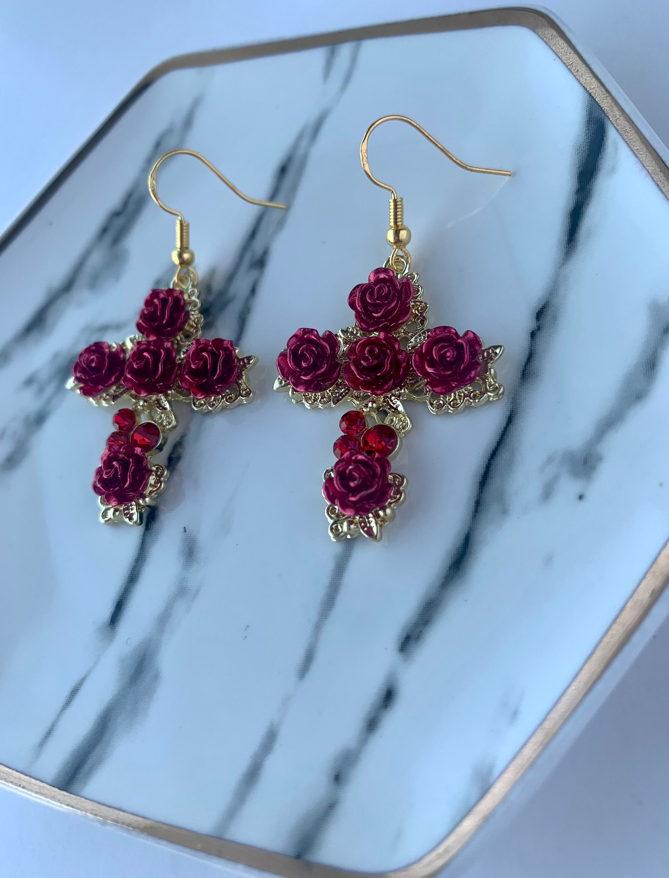 Cross Red Roses Gold Plated Earrings Spiritual Church Gifts - Etsy