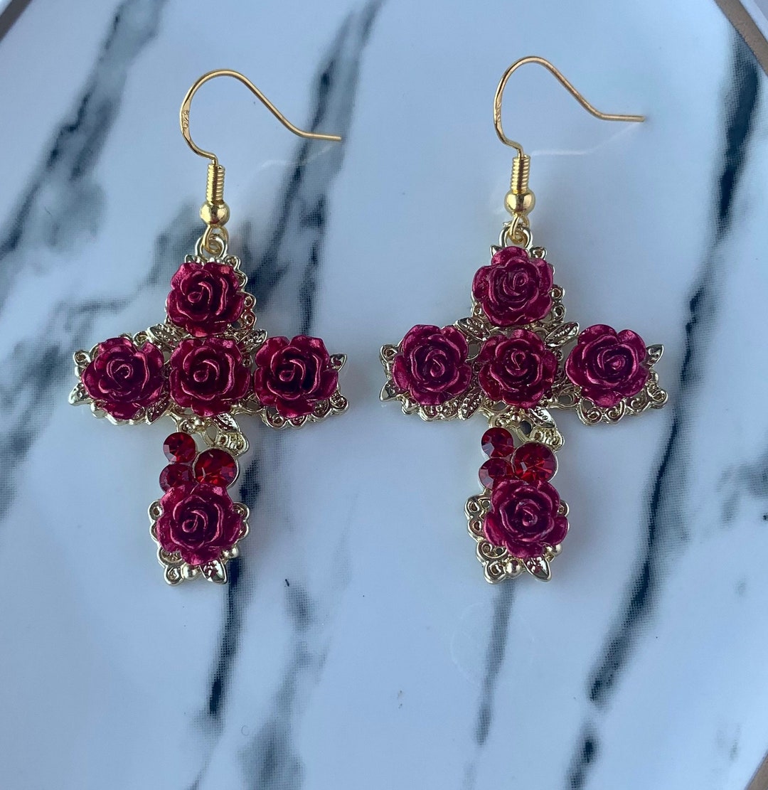 Cross Red Roses Gold Plated Earrings Spiritual Church Gifts - Etsy