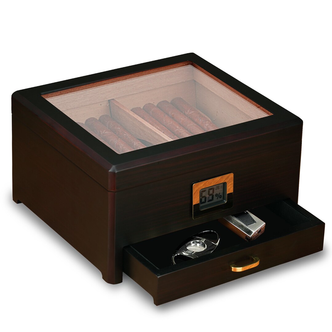 Woodronic Cigar Humidor With Accessory Drawer and Boveda 72% Humidity ...