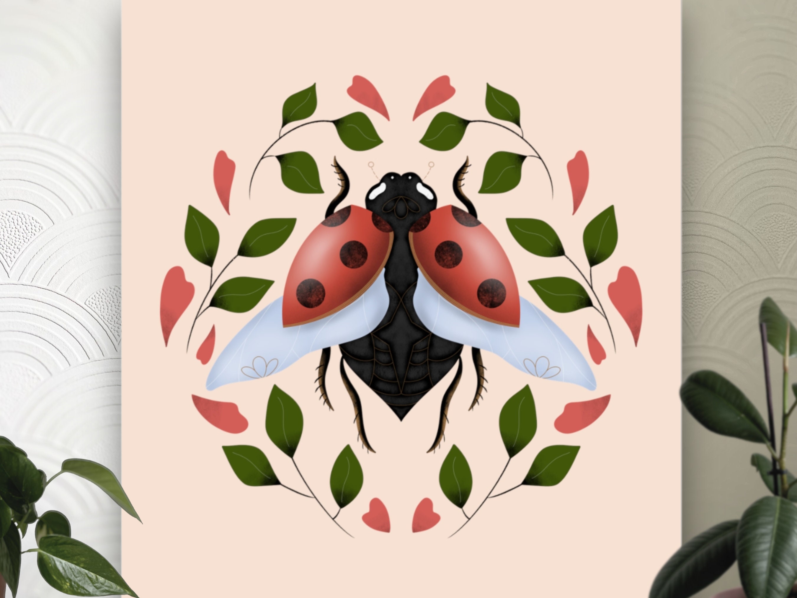 Insect Folk Art, Ladybird Art Print, Insect Floral Art, Gallery Wall ...