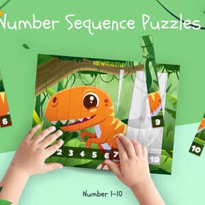 Dinosaur Puzzle Number Sequence 10 Puzzles 1-100 Printable Montessori ...