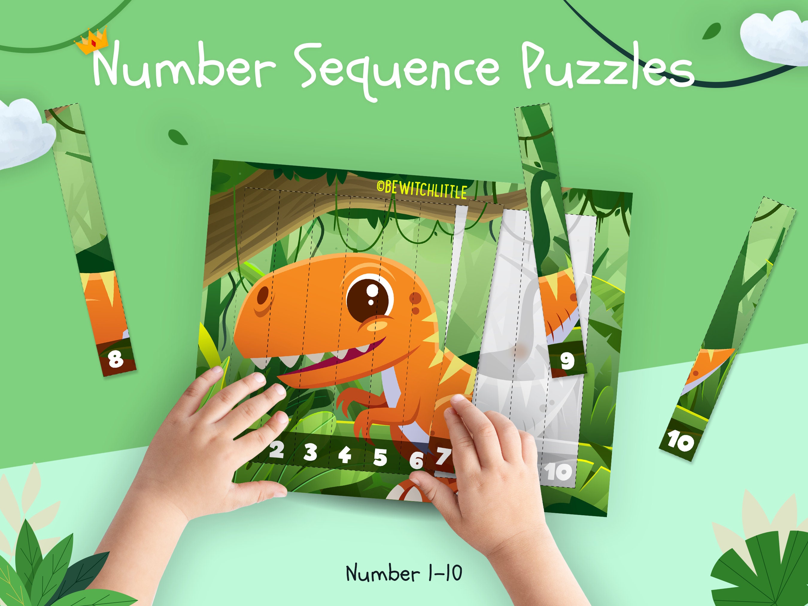 Dinosaur Puzzle Number Sequence 10 Puzzles 1-100 Printable Montessori ...