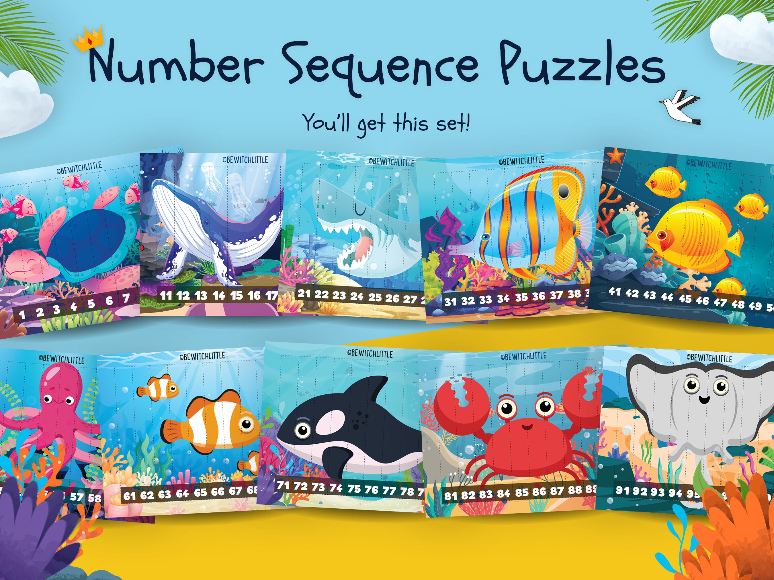 Sea Creatures Puzzle Number Sequence 1-100 Puzzle Printable Montessori ...