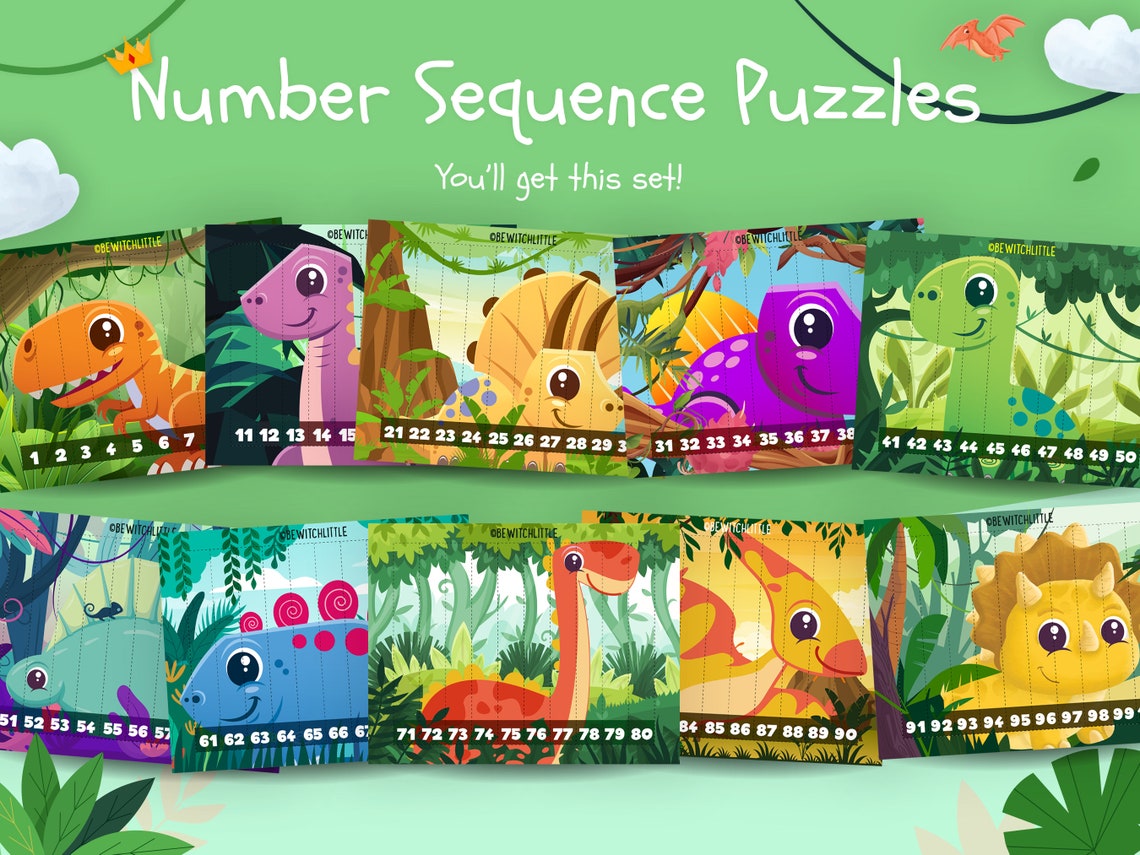 Dinosaur Puzzle Number Sequence 10 Puzzles 1-100 Printable Montessori ...