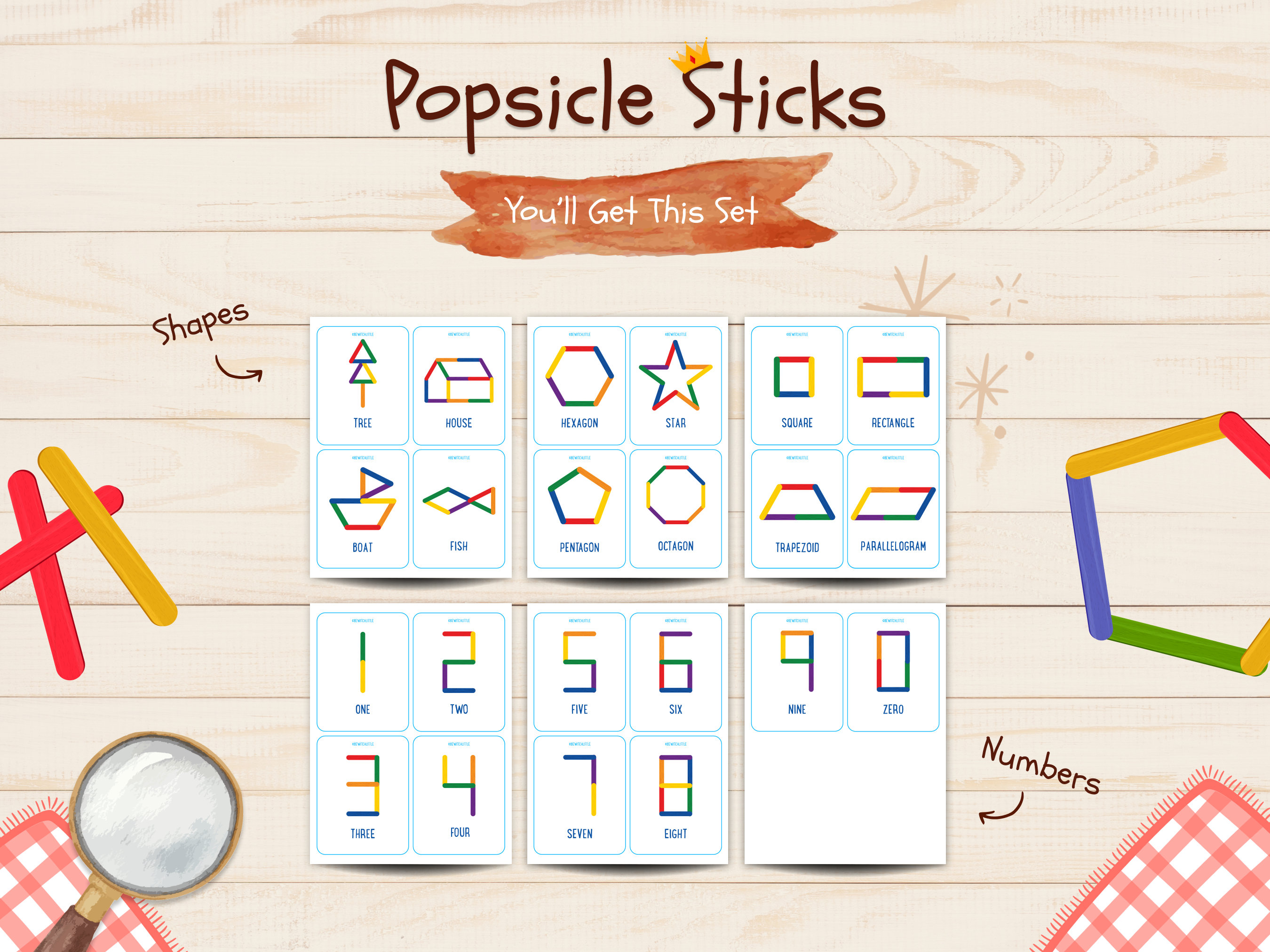 Popsicle Stick Shapes and Numbers Activity Game Printable Montessori ...