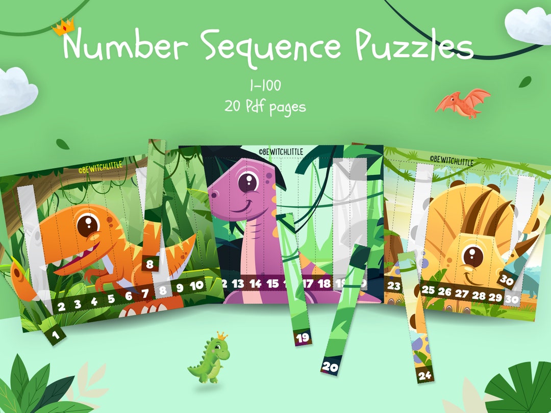 Dinosaur Puzzle Number Sequence 10 Puzzles 1-100 Printable Montessori ...