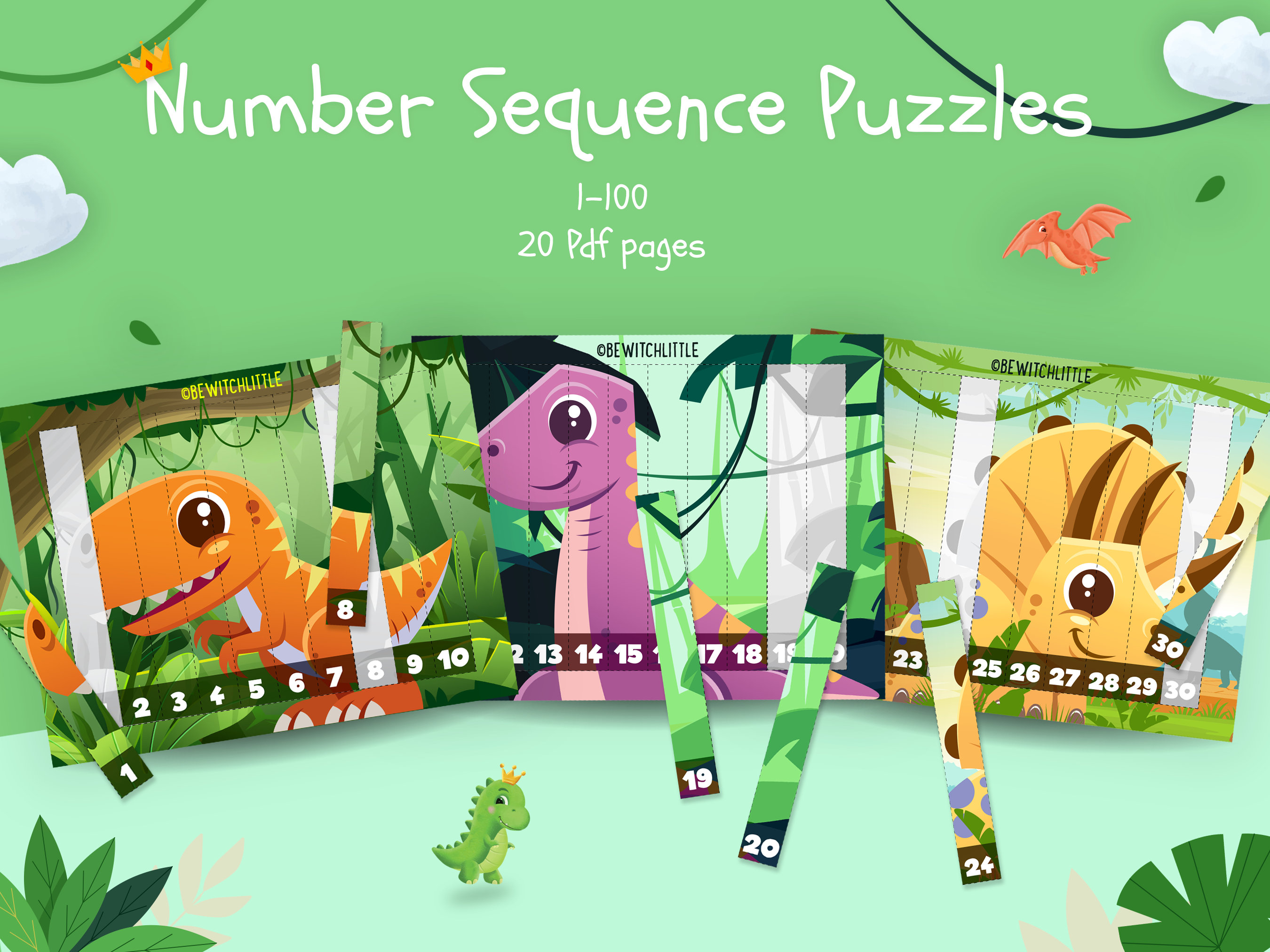 Dinosaur Puzzle Number Sequence 10 Puzzles 1-100 Printable Montessori ...