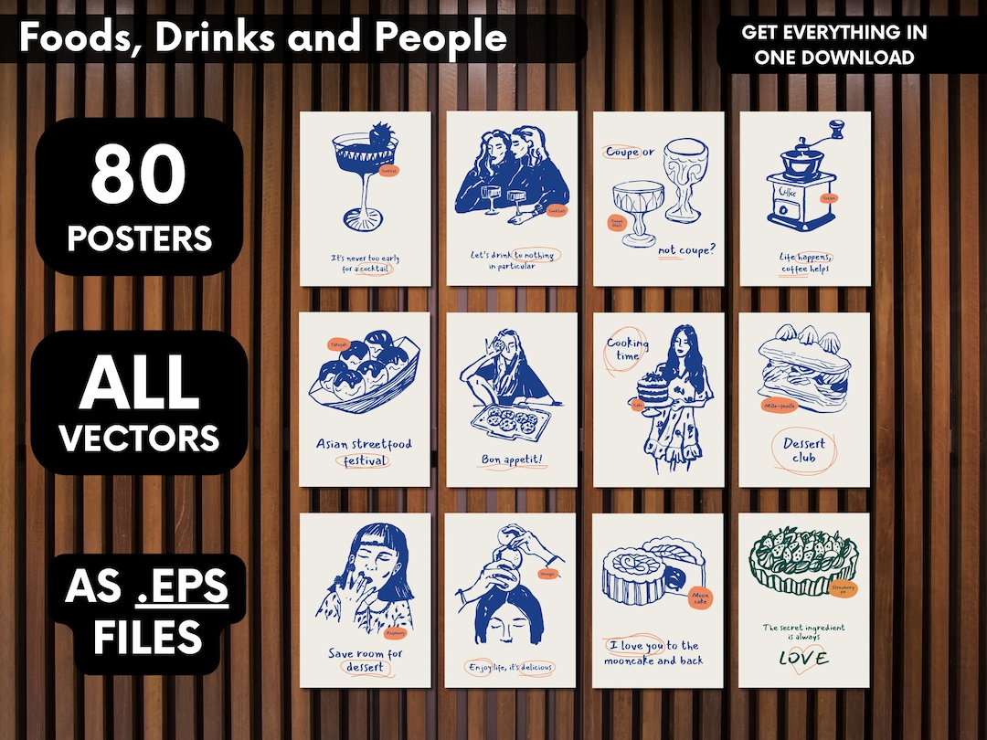 Printable Food and Beverage Posters Set of 80 Quotes, Desserts, Street ...