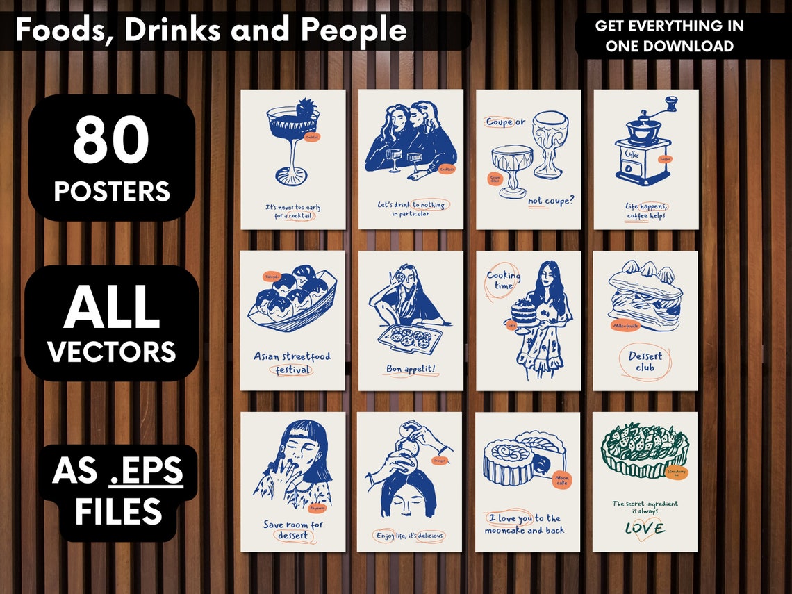 Printable Food and Beverage Posters Set of 80 Quotes, Desserts, Street ...