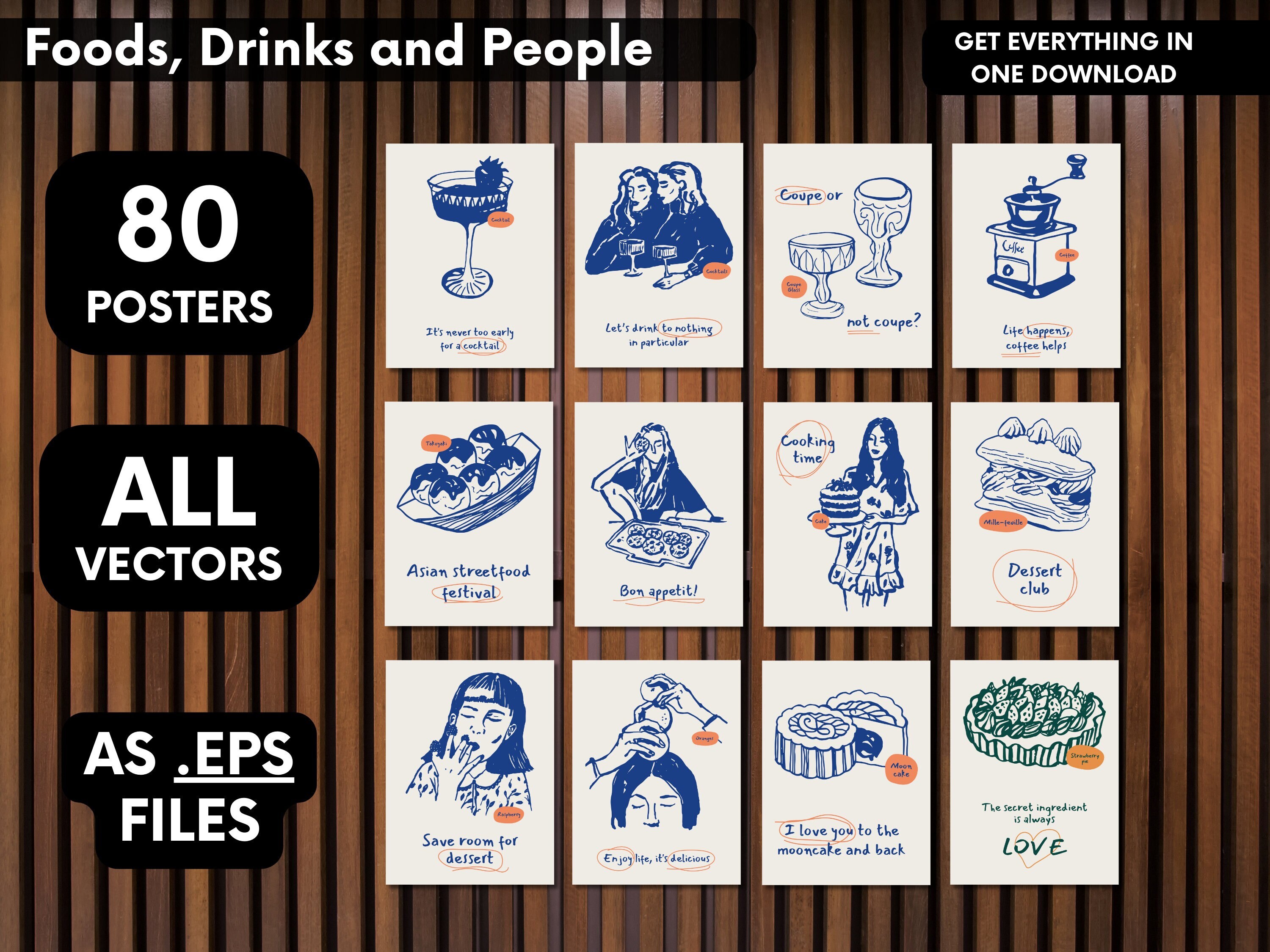 Printable Food and Beverage Posters Set of 80 Quotes, Desserts, Street ...