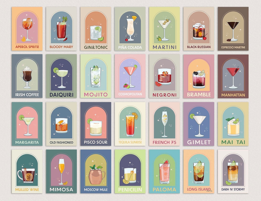 Cocktail Art Posters Set of 28, Drink and Beverage Posters, Printable ...