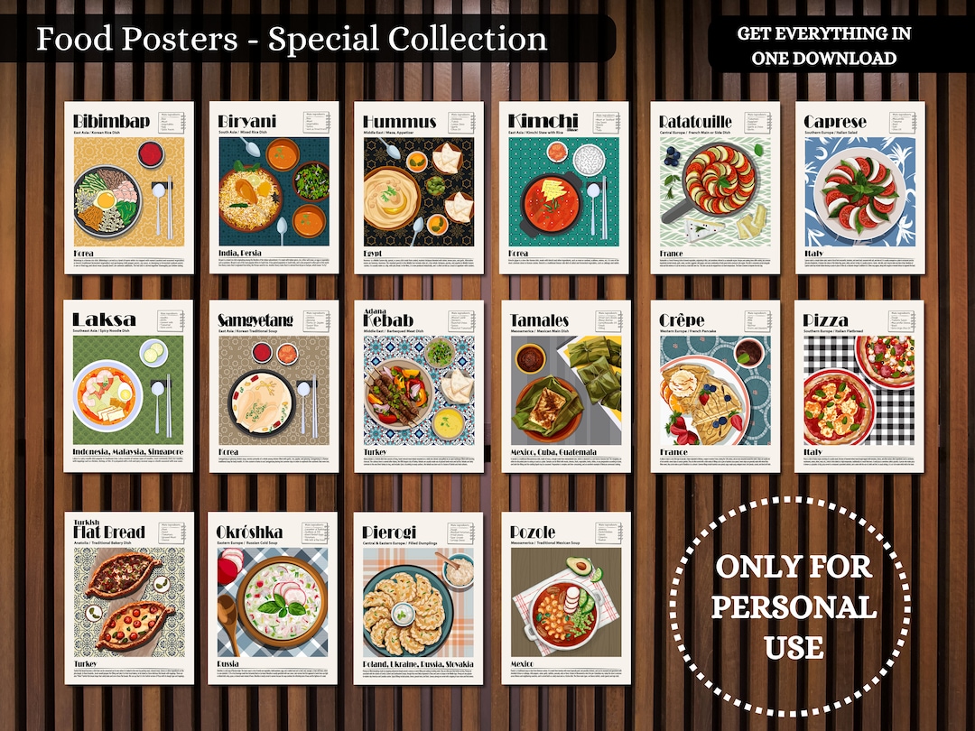 Food Posters Set of 28, Food Wall Art, Printable Traditional Foods ...
