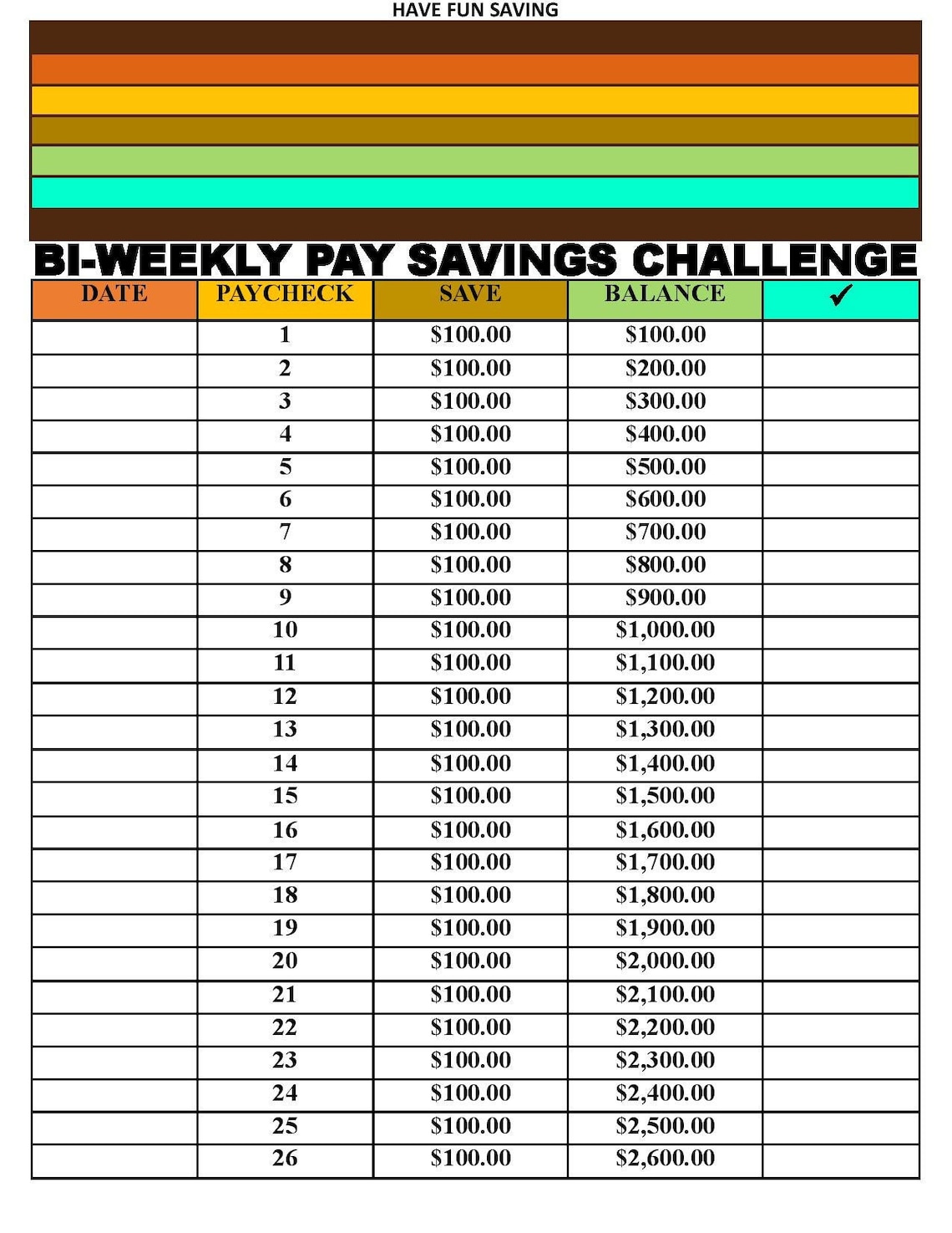 Bi-weekly Pay Savings Challenge | Save 2,600 | 26 Week Savings ...