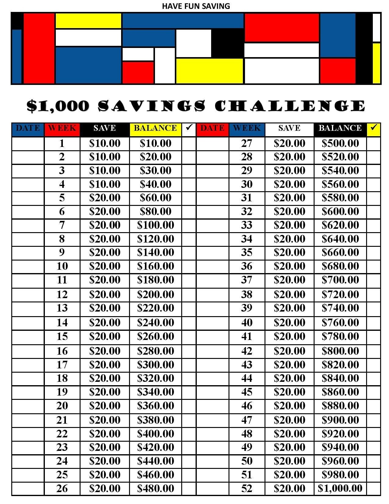 1,000 SAVINGS CHALLENGE | 52 WEEK Savings Challenge - Etsy