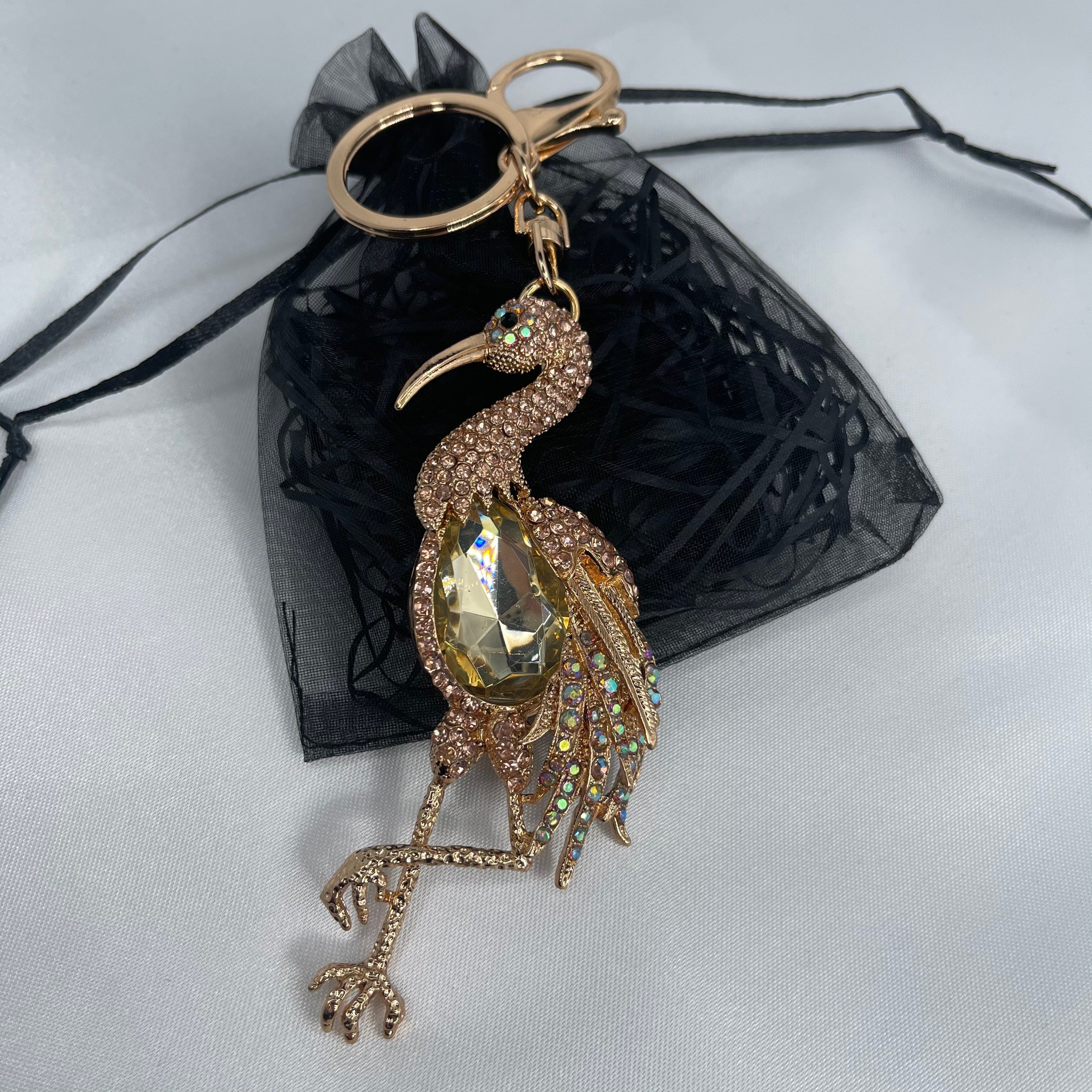 Cute Flamingo Diamante Keyring Crystal Rhinestone Bling gold metal Bag ...