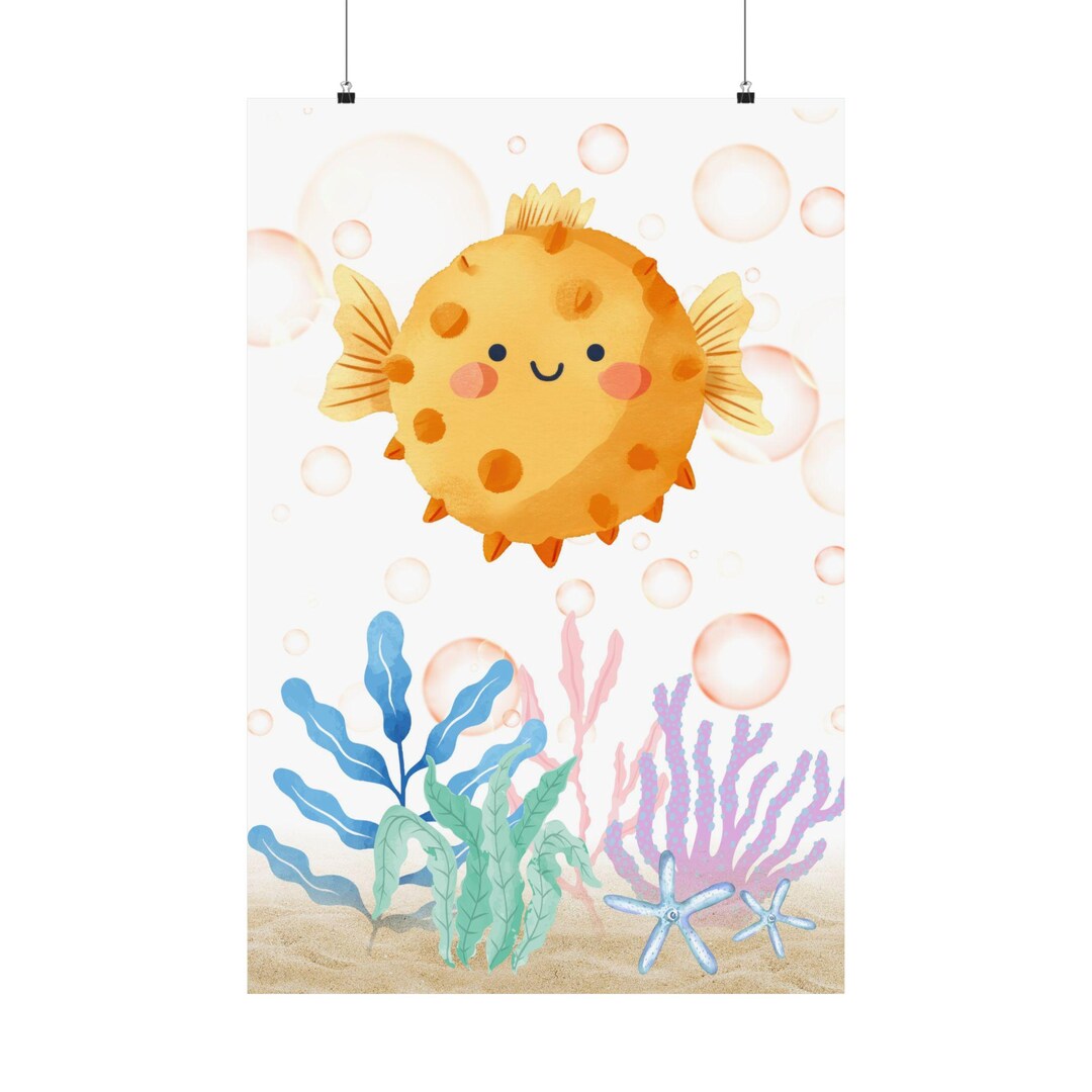 Smiling Pufferfish Illustration Poster | Matte Vertical Poster - Etsy