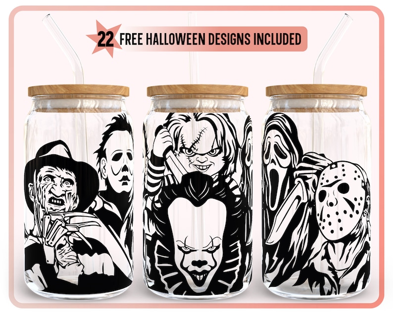 16oz Libbey Can Glass Horror Movies SVG - Halloween Seamless Full Wrap ...