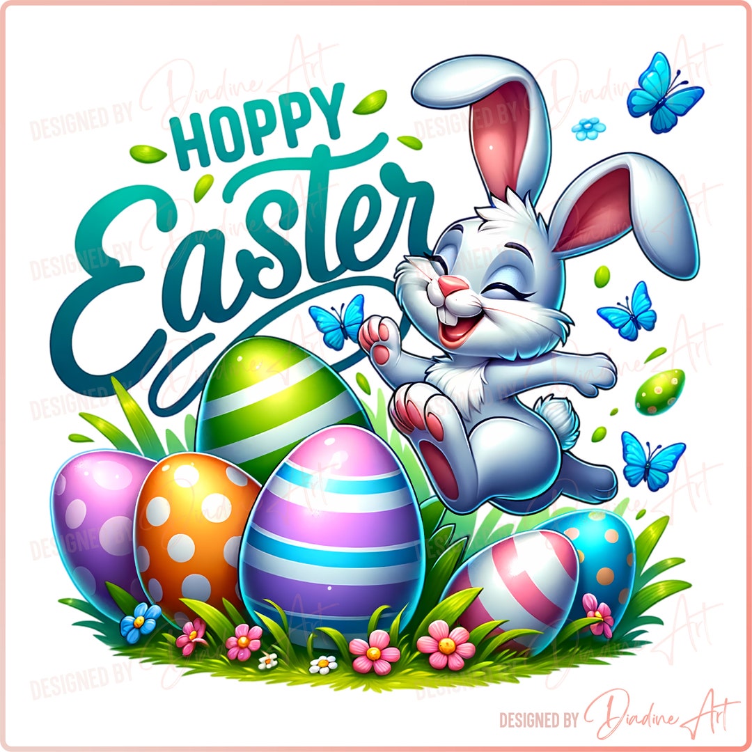 Joyful Bunny Hoppy Easter PNG, Cute Rabbit Hopping Amongst Easter Eggs ...