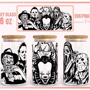 16oz Libbey Can Glass Horror Movies SVG - Halloween Seamless Full Wrap ...