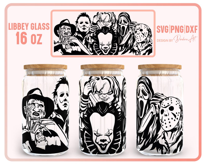 16oz Libbey Can Glass Horror Movies SVG - Halloween Seamless Full Wrap ...